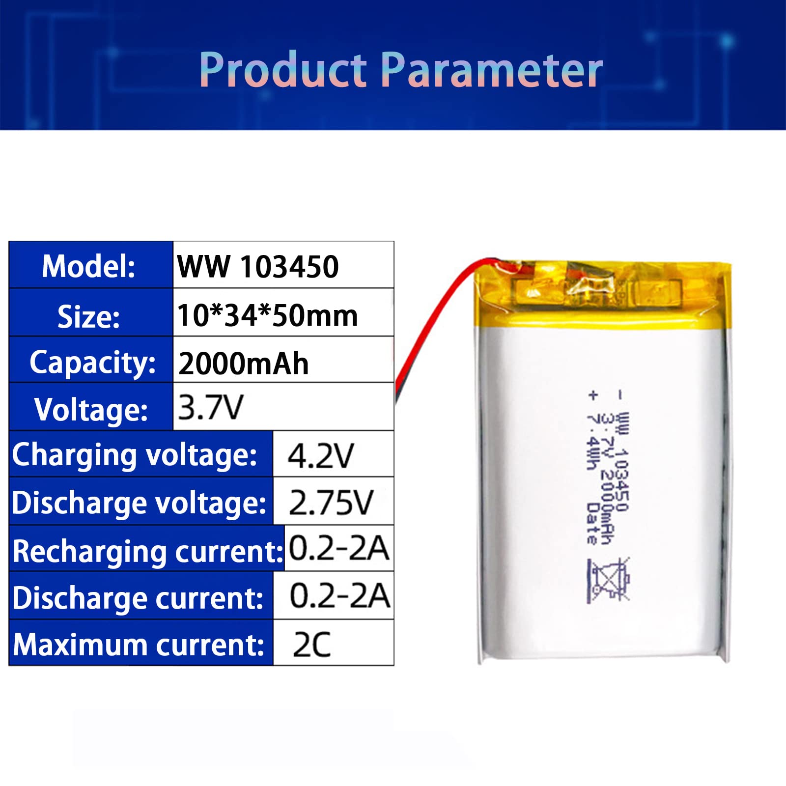 FREEDOH Lithium Polymer Battery 3.7V 2000mAh Rechargeable Lithium Battery 103450 Li-Polymer Ion Backup Battery with Protection Board (2pcs)