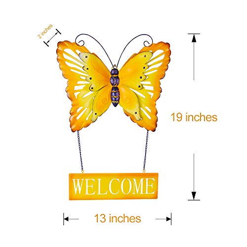 Farmhouse Wall Decor Rustic Metal Yellow Butterfly Welcome Sign Hanging Outdoor Decorations For Patio And Garden