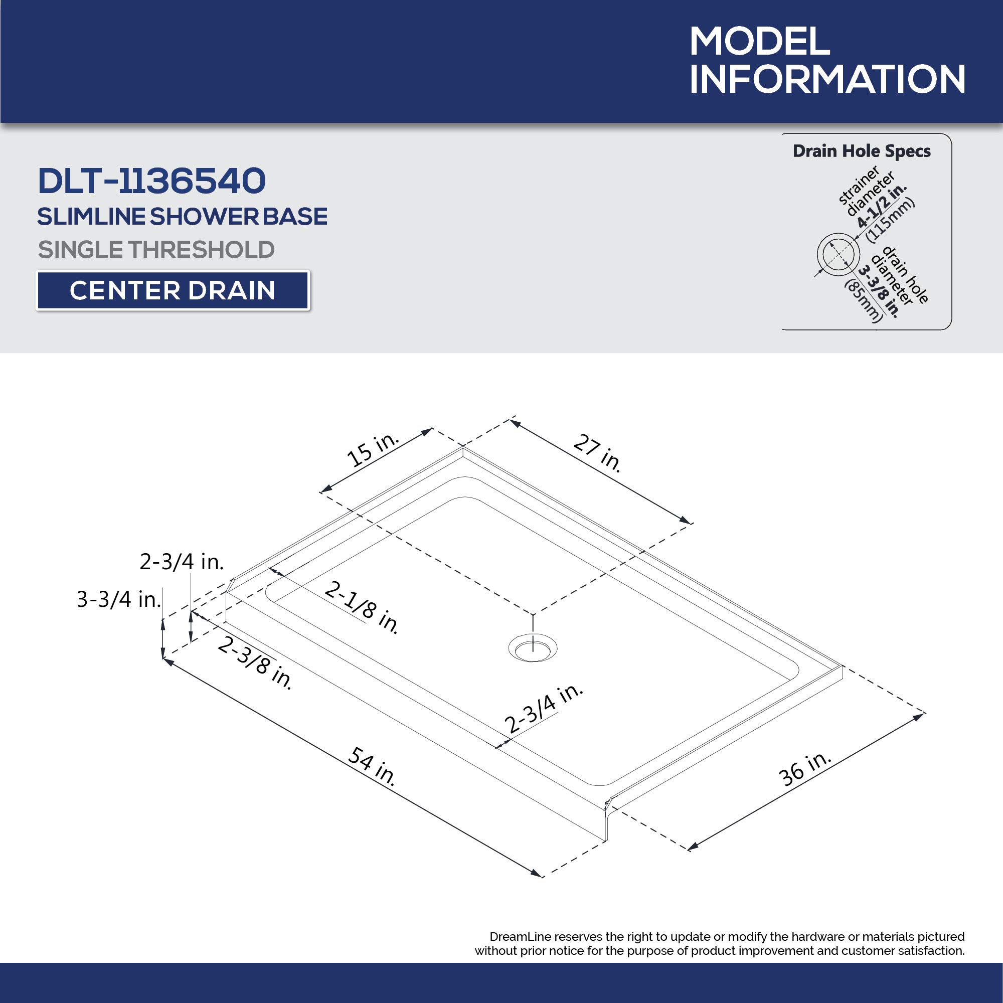 DreamLine SlimLine 36 in. D x 54 in. W x 2 3/4 in. H Center Drain Single Threshold Shower Base in White, DLT-1136540