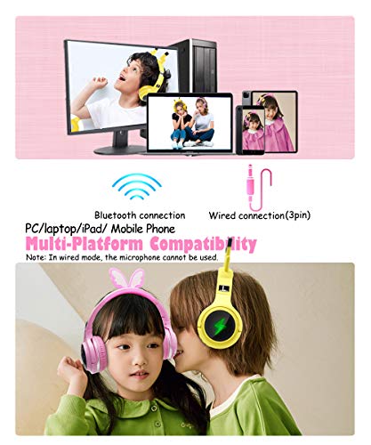 Wireless Headphones for Boys,Girls,Women,Kids,Teens Pink Bluetooth Headset for Smartphones/iPhone/iPad/Laptop/PC/TV Children Over Ear Gaming Headset with Mic&LED Light&Foldable (Angel Wings Pink)