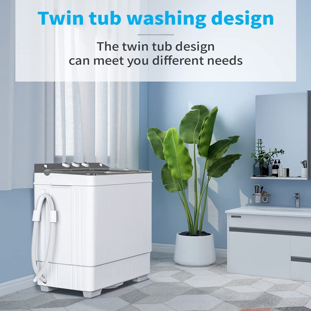 Colilove Portable Clothes Washing Machine 26Lbs Semi-Automatic Twin Tub Washer Mini Compact Laundry Machine with Drain Pump for Apartment, Dorms, RVs, Camping and More, White & Grey