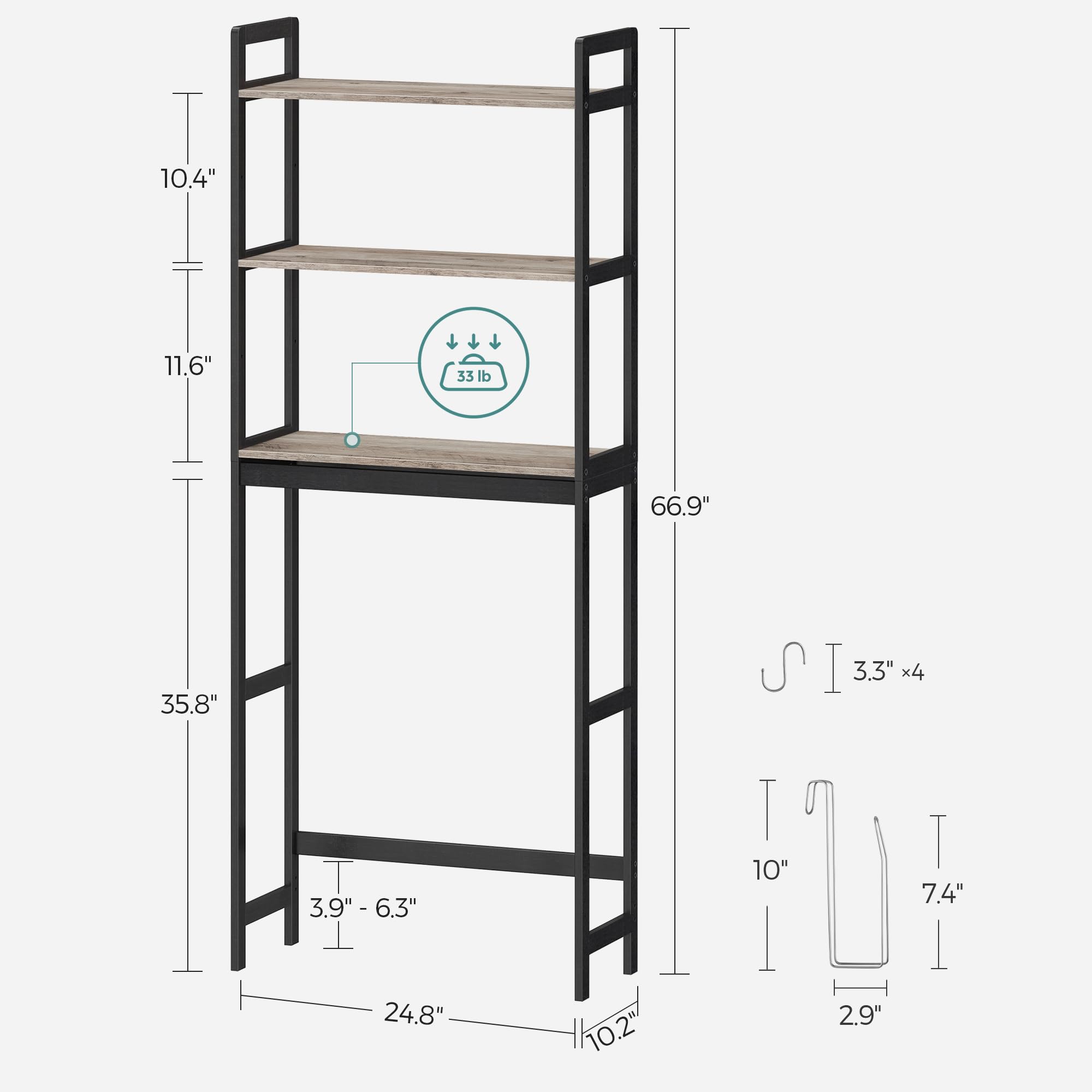 SONGMICS Over-The-Toilet Storage, 3-Tier Bathroom Organizer Over Toilet with Adjustable Shelves, Hooks, Bamboo, Freestanding Space Saver Bathroom Shelves, Rustic Brown and Ink Black UBTS012B01