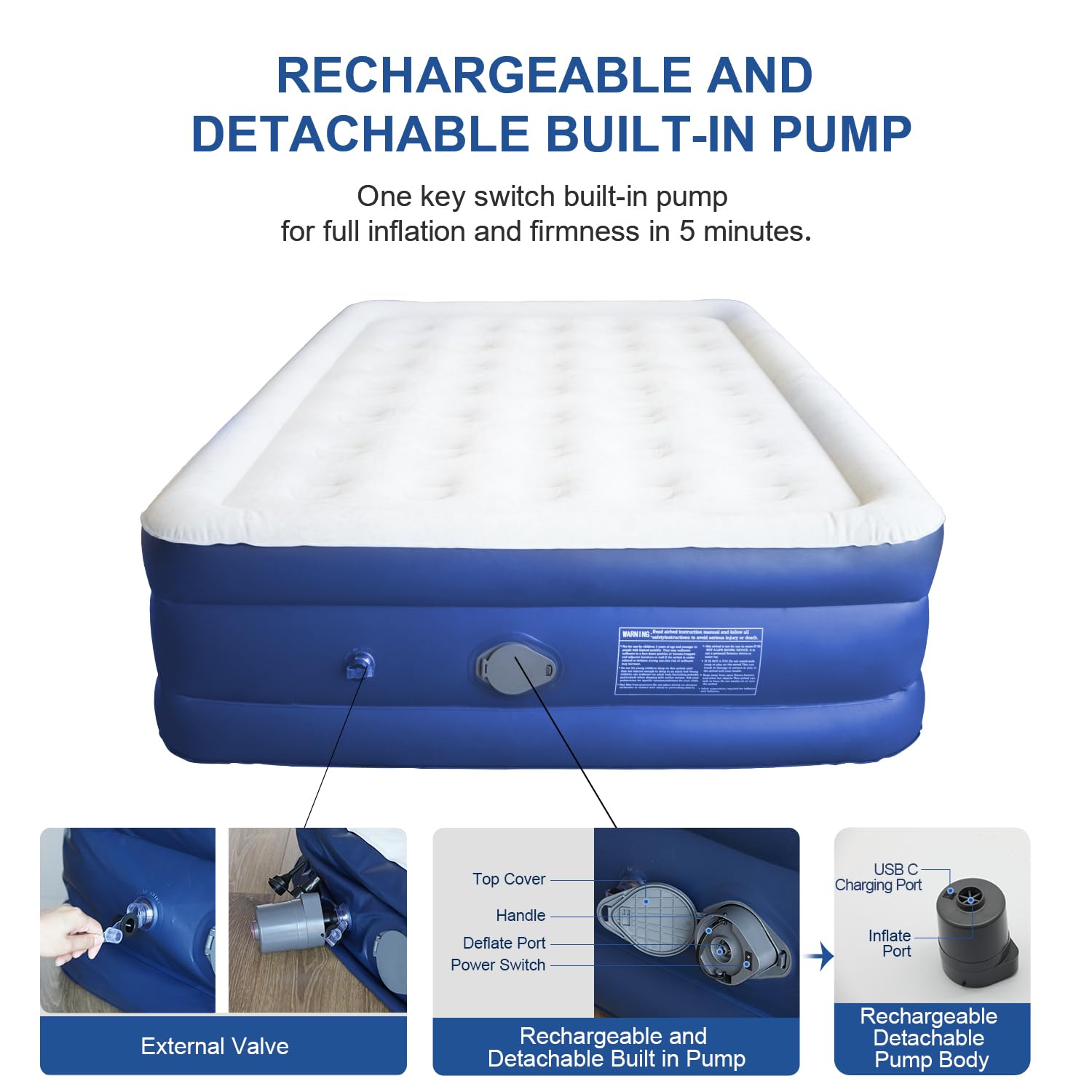 DREAMPUMP Comfy Elements Queen Air Mattress with Built-in Rechargeable Detachable Air Pump, 19”Thickness Queen Size Camping AirBed Waterproof Blow Up Inflatable Air Bed for Camping, Home & Guests