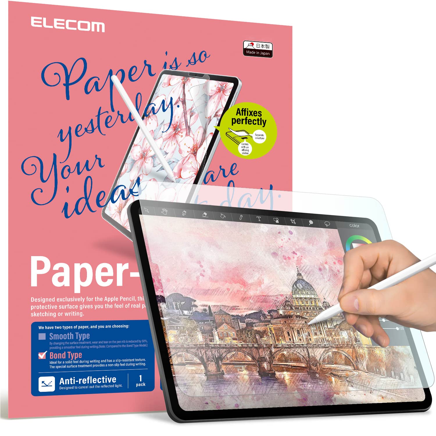 ELECOM Pencil Feel Screen Protector Newer model(Easy-Install), Bond type, Japan Made, iPad mini 6 (8.3", 2021) Drawing/Notetaking/Anti-glare, Apple Pencil Compatible (TB-APB083-W)