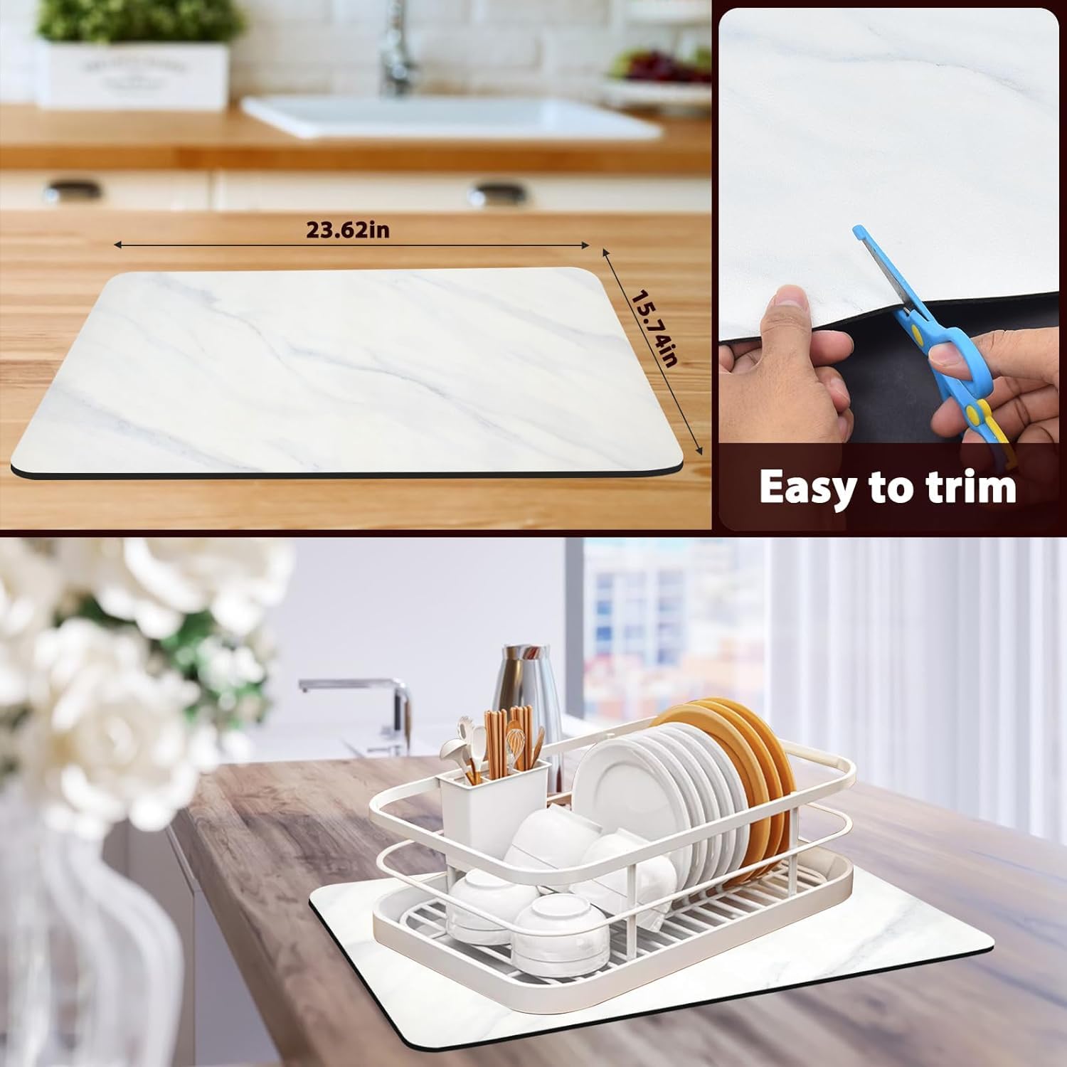 Dish Drying Mat for Kitchen Counter, 16"x24" Super Absorbent Hide Stain Dish Drying Pad with Non-slip Rubber Backed, Quick Drying Mat for Coffee Machine Dish Rack(Whtie Marble)