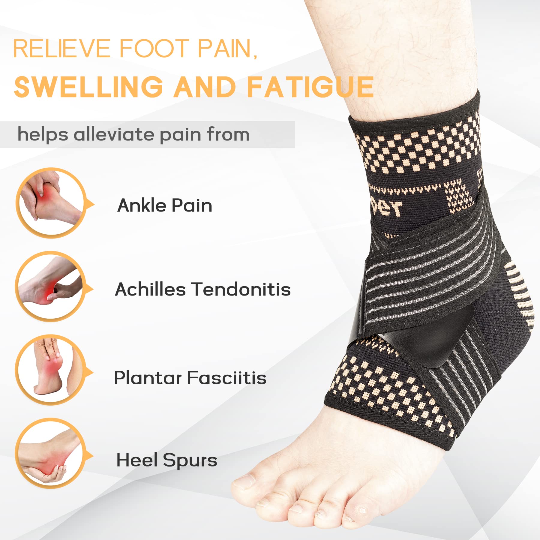 CURECARE Ankle Sleeve for Sprained Ankle, 2 PCS Copper Ankle Brace for Women & Men, Breathable Ankle/Arch Support with Removable Strap, Ankle Stabilizer Brace for Injury Recovery, Pain Relief (S)