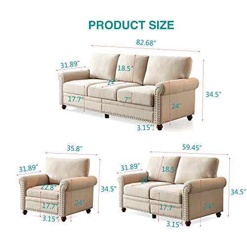 LUMISOL 82" Modern 3-Seater Sofa with Rolled Arms, Tufted Upholstered Couch with Wood Legs and Nailhead Trim for Living Room, Apartment