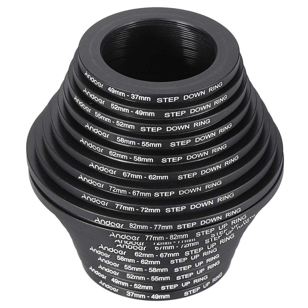 Filter Ring Adapter, Andoer 18pcs Camera Lens Filter Metal Adapter Ring Kit (9pcs Step Up Set & 9pcs Step Down Ring Set)