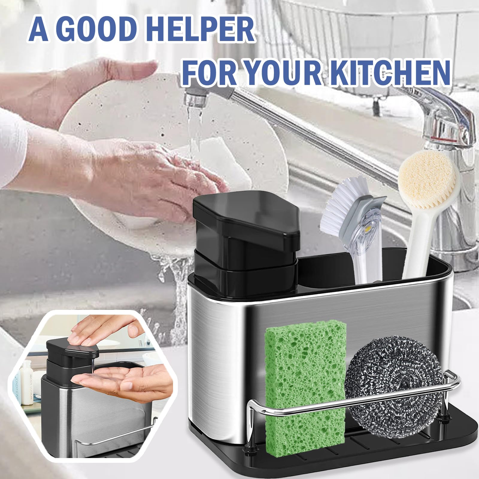 Dish Soap Dispenser for Kitchen Sink, 3 in 1 Kitchen Sink Caddy with Sponge Holder, Stainless Steel Kitchen Sink Organizer with Soap Dispenser