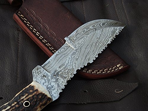 DKC Knives (11 6/18) Sale DKC-708 STAG Tracker Stag Horn Damascus Survival Prepper Hunting Knife 10" Long, 5" Blade 11ozl Damascus Steel Blade Very Solid Knife