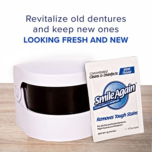 Smile Again Care Kit, Denture, Retainer & Aligner Care and Cleaning Bundle with Ultrasonic Denture & Retainer Cleaner, Brush, Denture Cleaning Solution, and Informational Brochure, Pack of 3