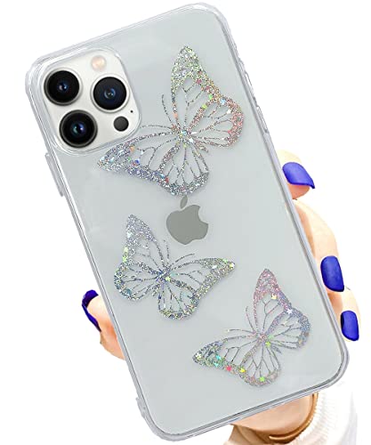 LUSAMYE iPhone 14 Pro Max Case - Cute Butterfly Design, Clear Glitter Electroplated Cover with Screen Protector for Girls & Women