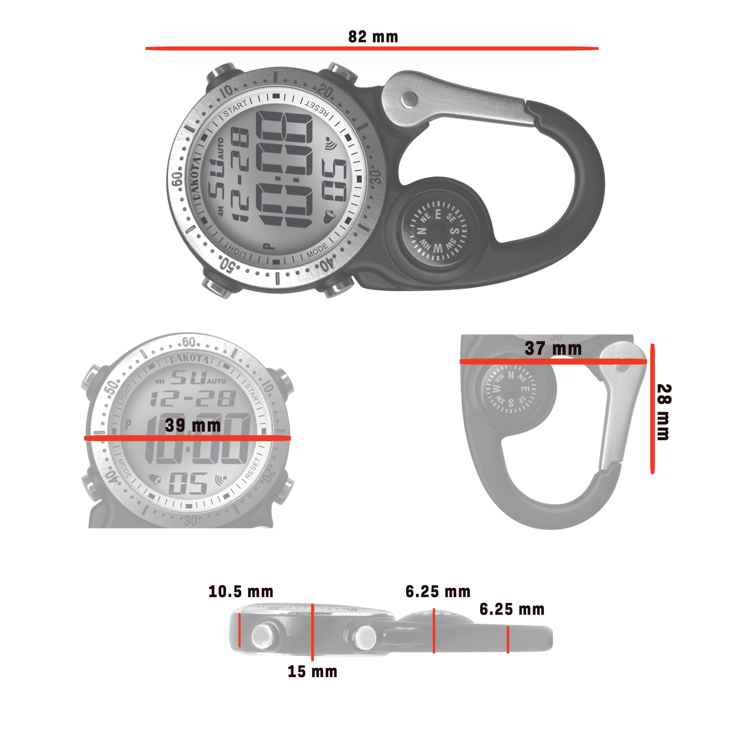 Dakota Digital Backpacker Clip Watch, Alarm, Stopwatch, Timer and Dual Time, Outdoor Gifts for Men and Women, Tactical Digital Watch