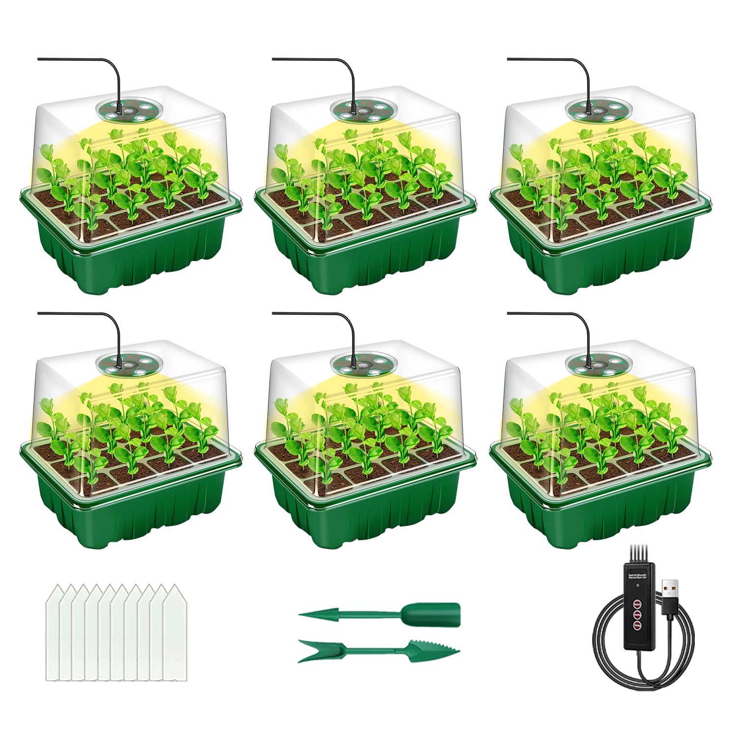 Daktenn Seed Starter Tray with Grow Light, 6 Pack Thicken Seed Starter Kit with Humidity Domes Heightened Lids, Covers Height 4.3", Timing Controller Adjustment Brightness Seed Starter with Light