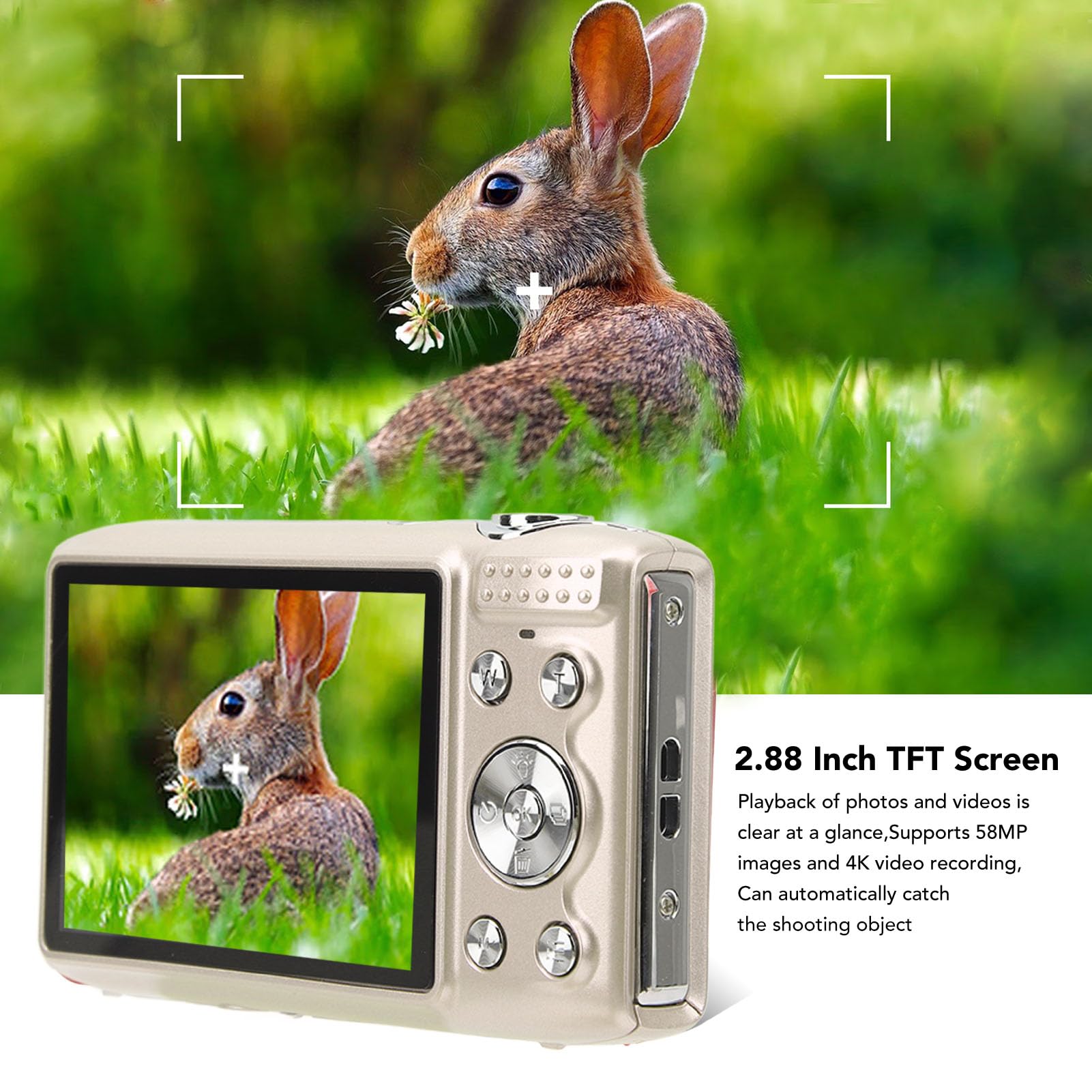 Digital Camera, 58MP 4K Digital Camera with 16X Zoom, 2.88 Inch HD Screen, Timed Photography, AF Autofocus, Portable Camera for Christmas Birthday Gifts (Gold)