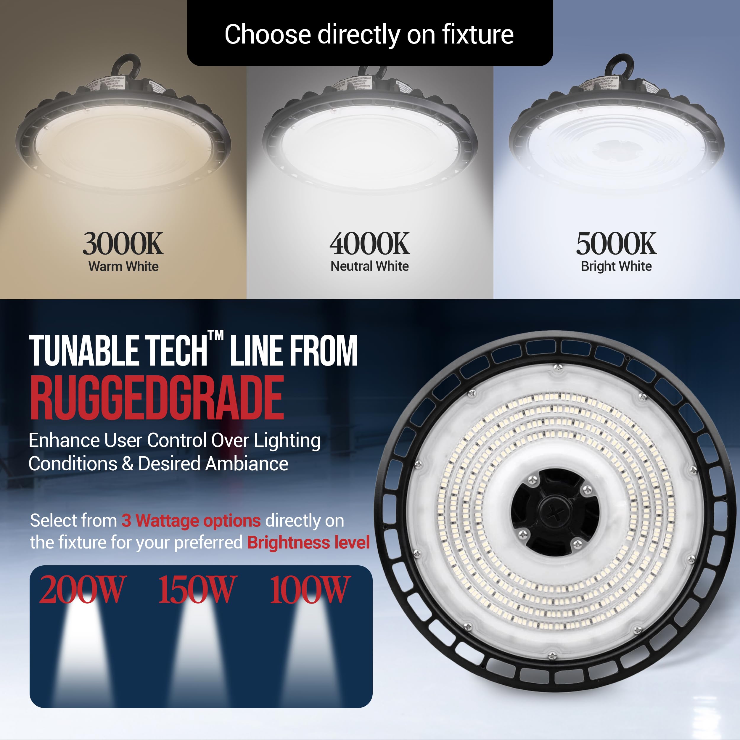 RuggedGrade 100 Watt - Corvus II Series - LED High Bay UFO - 14,500 Lumen - 4000K - DLC Premium 5.1