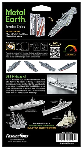 Metal Earth Fascinations Premium Series USS Midway Aircraft Carrier 3D Metal Model Kit Bundle with Tweezers
