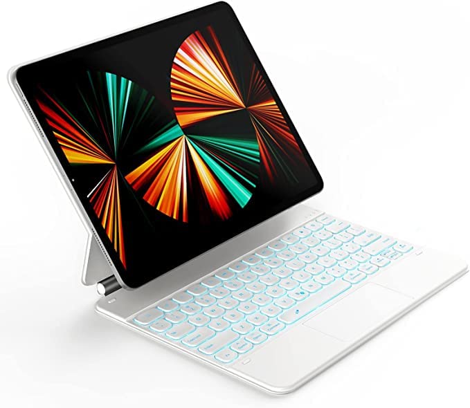 FDQI Floating Cantilever Stand Magnetic Keyboard Case Compatible with iPad Pro 12.9 inch 2022 (6th/5th/4th/3rd Gen), iPad Case with iPadOS Shortcuts, Multi-Touch Trackpad, 7-Color Backlit-White