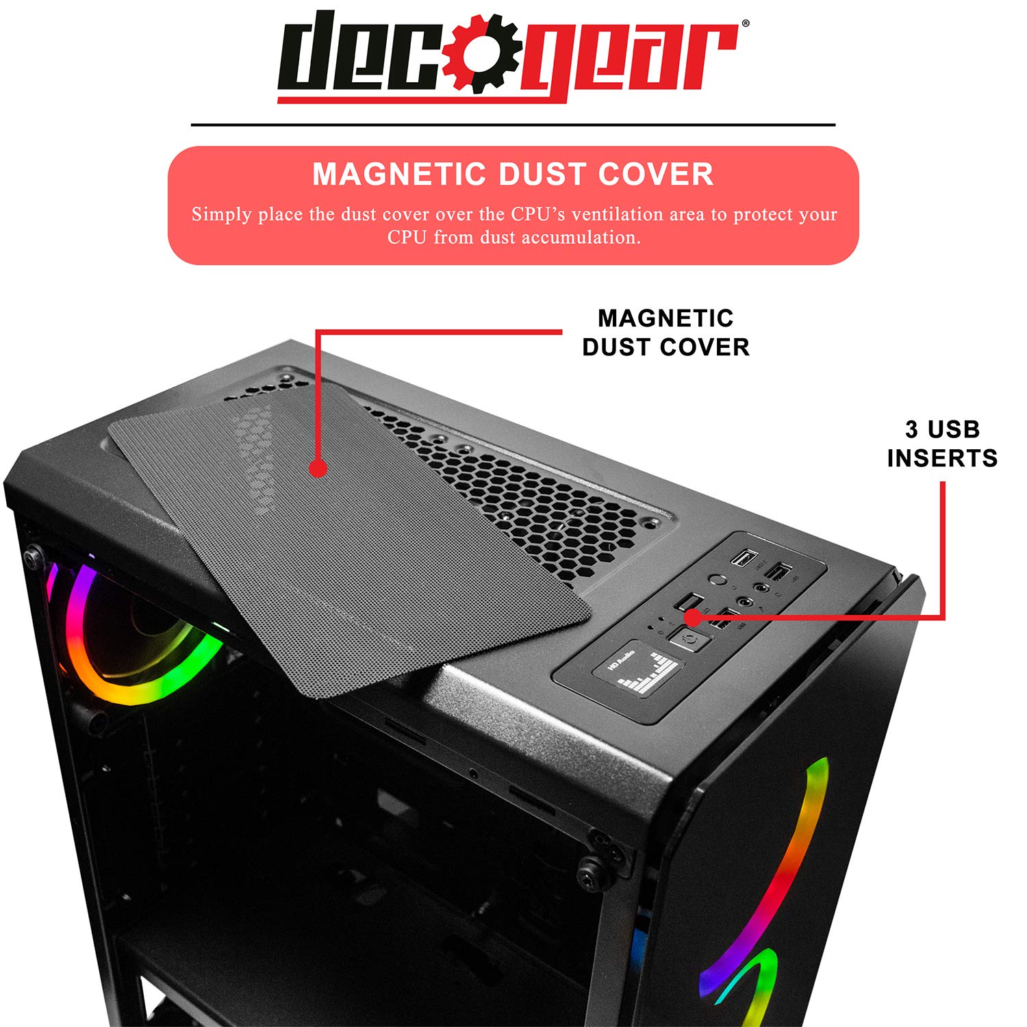 Deco Gear Mid-Tower PC Gaming Computer Case 3-Sided Tempered Glass and LED Lighting - Mini-ITX, Micro-ATX, ATX - Includes 4 120mm Double Ring Fans w/Expansion for More, 7 Expansion Slots, 4 Drives