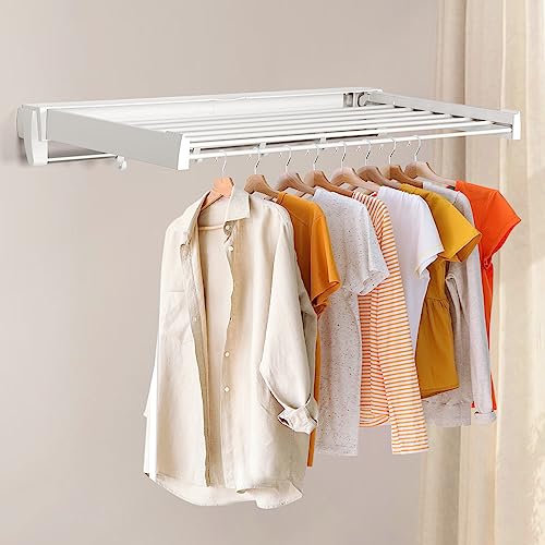 Nisorpa Invisible Wall Mounted Drying Rack Collapsible Wall Mounted Clothes Hanger Clothes Laundry Drying Rack Wall Mount Drying Racks for Laundry 7 Drying Rods (White)
