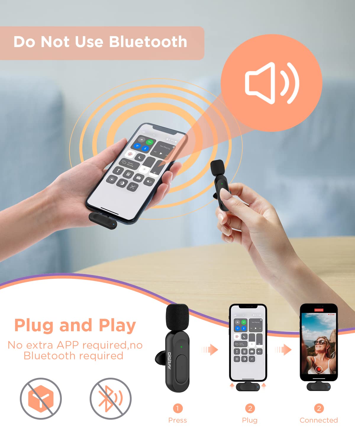 Digiray Wireless Lavalier Microphones for iPhone Video Recording, ipad, YouTube,TikTok - Professional Cordless Lavalier Microphone USB C Port with Noise Cancellation Mic -Black