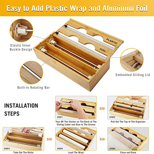 Wizsofer 2 in 1 Foil and Plastic Wrap Organizer, Bamboo Plastic Wrap Dispenser with Cutter and Labels, Plastic Wrap, Wax Paper, Aluminum Foil Organization and Storage for Drawer, Fits with 12" Roll
