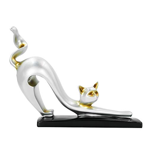 DreamsEden Art Stretching Cat Figurine, Modern Home Decor for Cat Lovers, 7.5” L x 6.4” W x 1.7” H (Sliver)