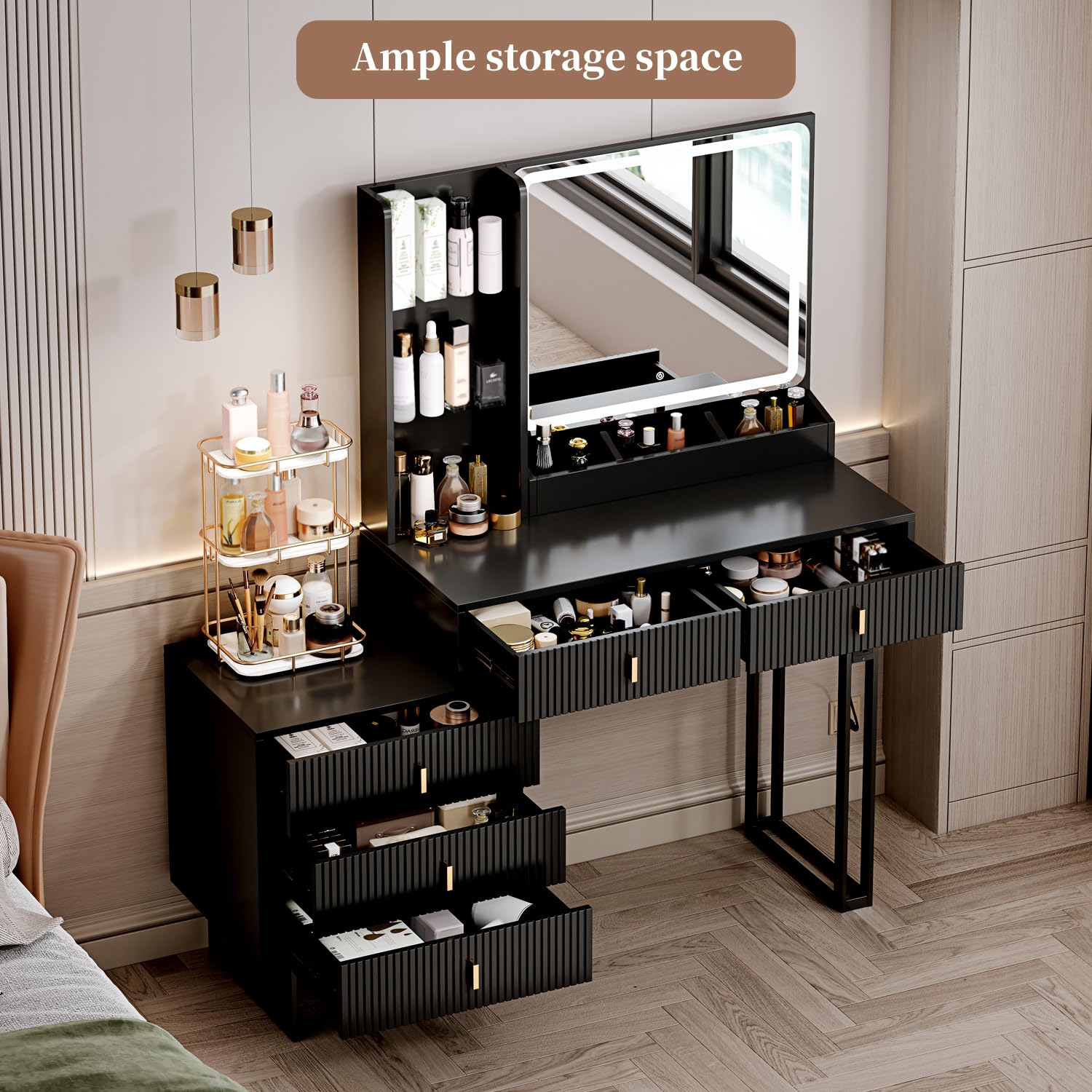 Large Vanity Desk with 3 Color Touch Screen Dimming Mirror, Vanity Desk with Charging Station, Modern Retractable Makeup Dressing Table, Vanity Table With storage shelves and 5 Sliding Drawers, WT