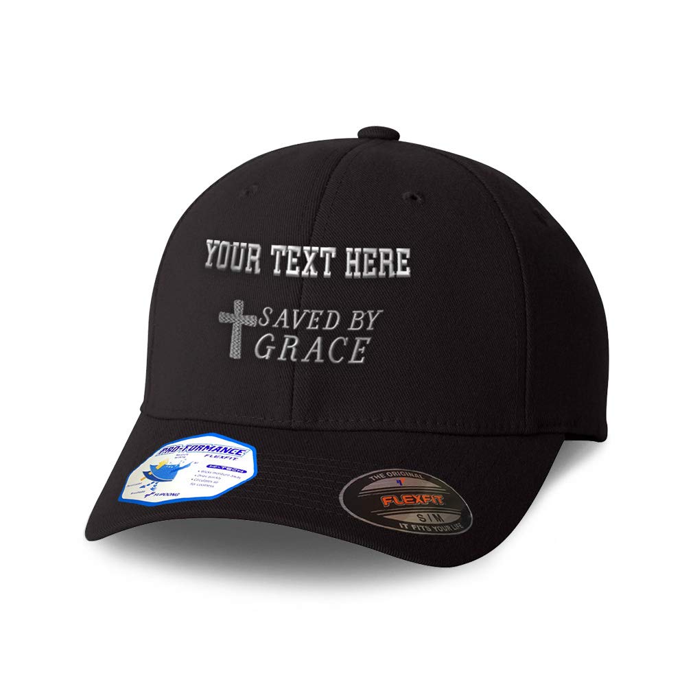 Custom Flexfit Hats for Men & Women Saved by Grace Jesus Christian Embroidery Polyester Dad Hat Baseball Cap Black Personalized Text Here Large XLarge
