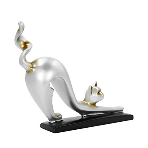DreamsEden Art Stretching Cat Figurine, Modern Home Decor for Cat Lovers, 7.5” L x 6.4” W x 1.7” H (Sliver)