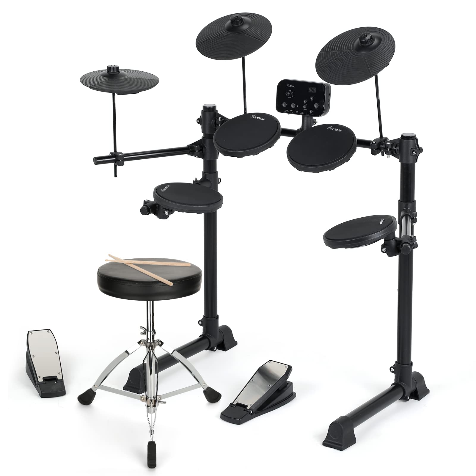 Electric Drum Set, Electronic Drum Kit for Kids and Beginner with 120 Sounds, 10 Demo Songs, Mesh Drums with Drum Throne, Sticks