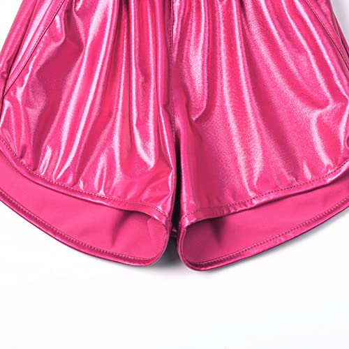 Metallic Shorts for Big Girls Red Light Dance Shorts Shiny Hot Pants 12 13 with Sunglasses