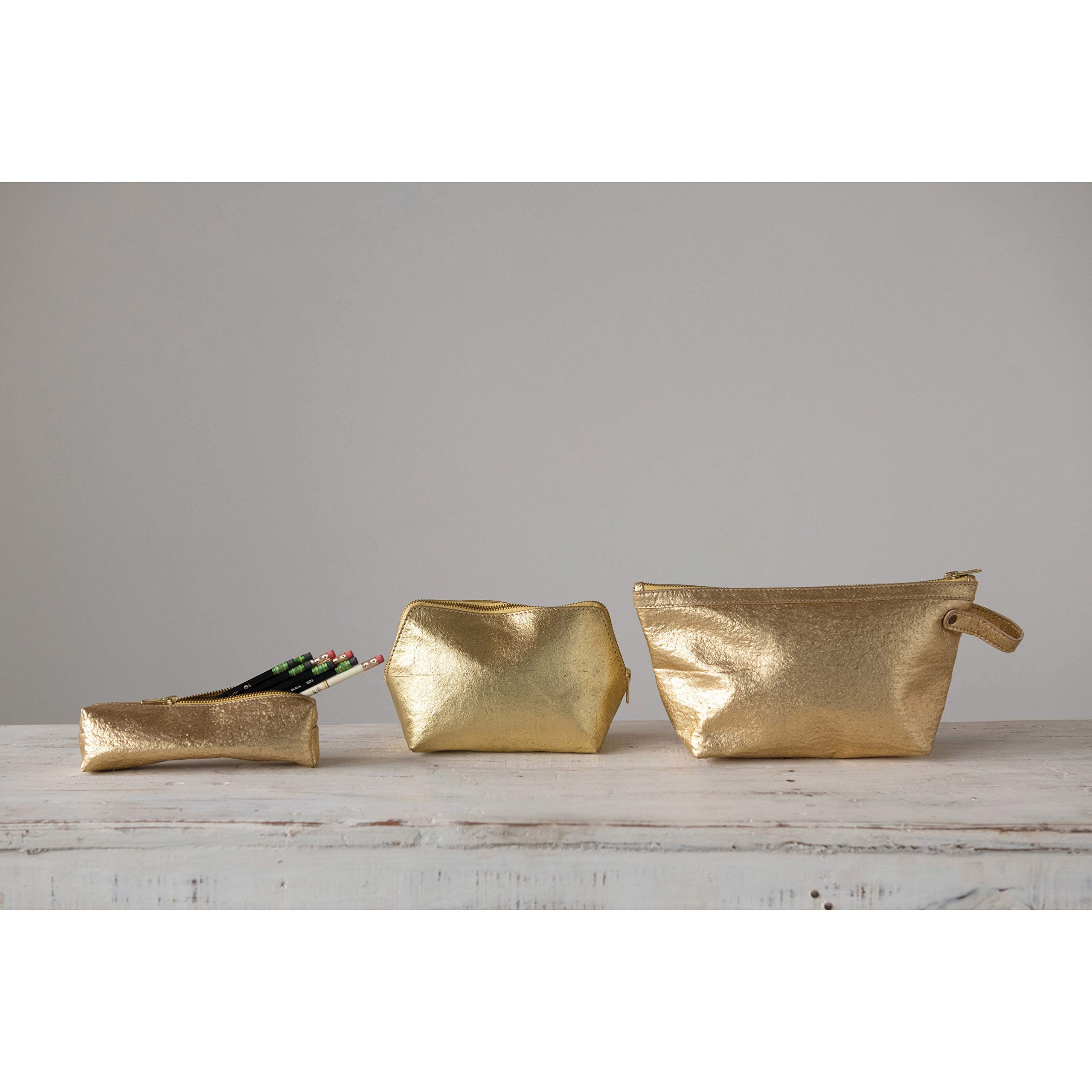 Creative Co-Op Recycled Leather Zip, Gold Color Pouch