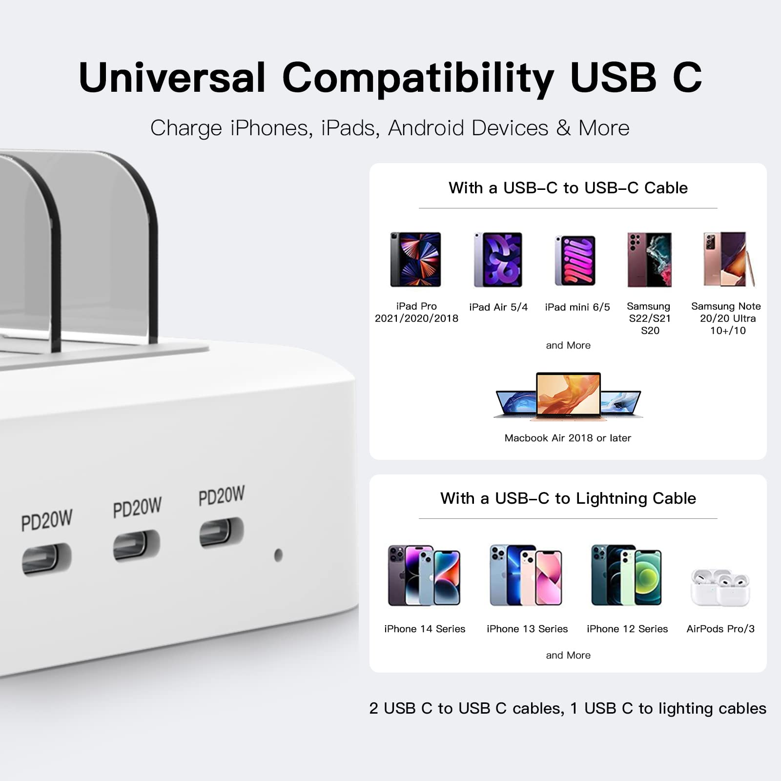 Fast Charging Station for Multiple Devices Apple, MSTJRY 90W 6-Port Charging Dock with 3PCS PD 20W USB-C Designed for iPad, iPhone, Android, Tablet and Other Electronics, White DGOQ0098