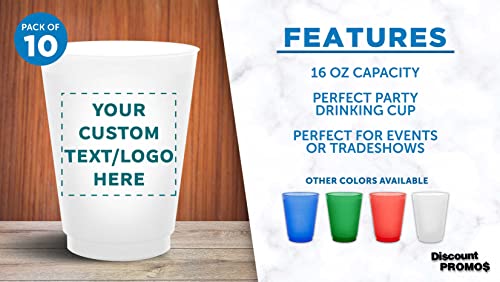 Custom Frosted Plastic Stadium Cups, 10 pack, Promotional Text, Logo, 16 oz. Shatterproof Flexible Reusable Party Cups, Pearl White