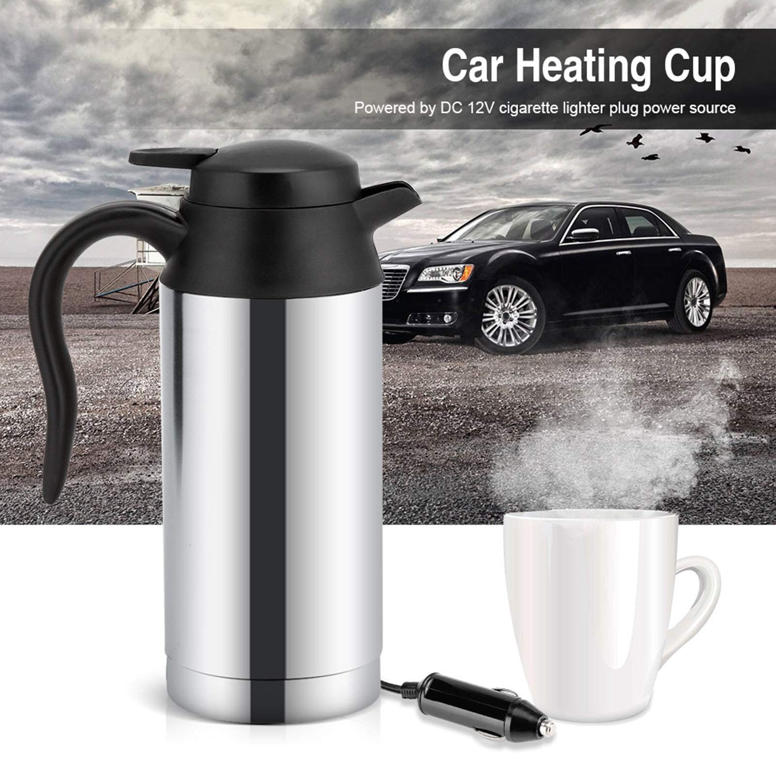 Gorgeri Portable Car Electric Kettle Travel Kettle 12V 750ml Car Hot Water Kettle Heating Cup Electric Kettle Boil Water Tea Coffee with Cigarette Lighter