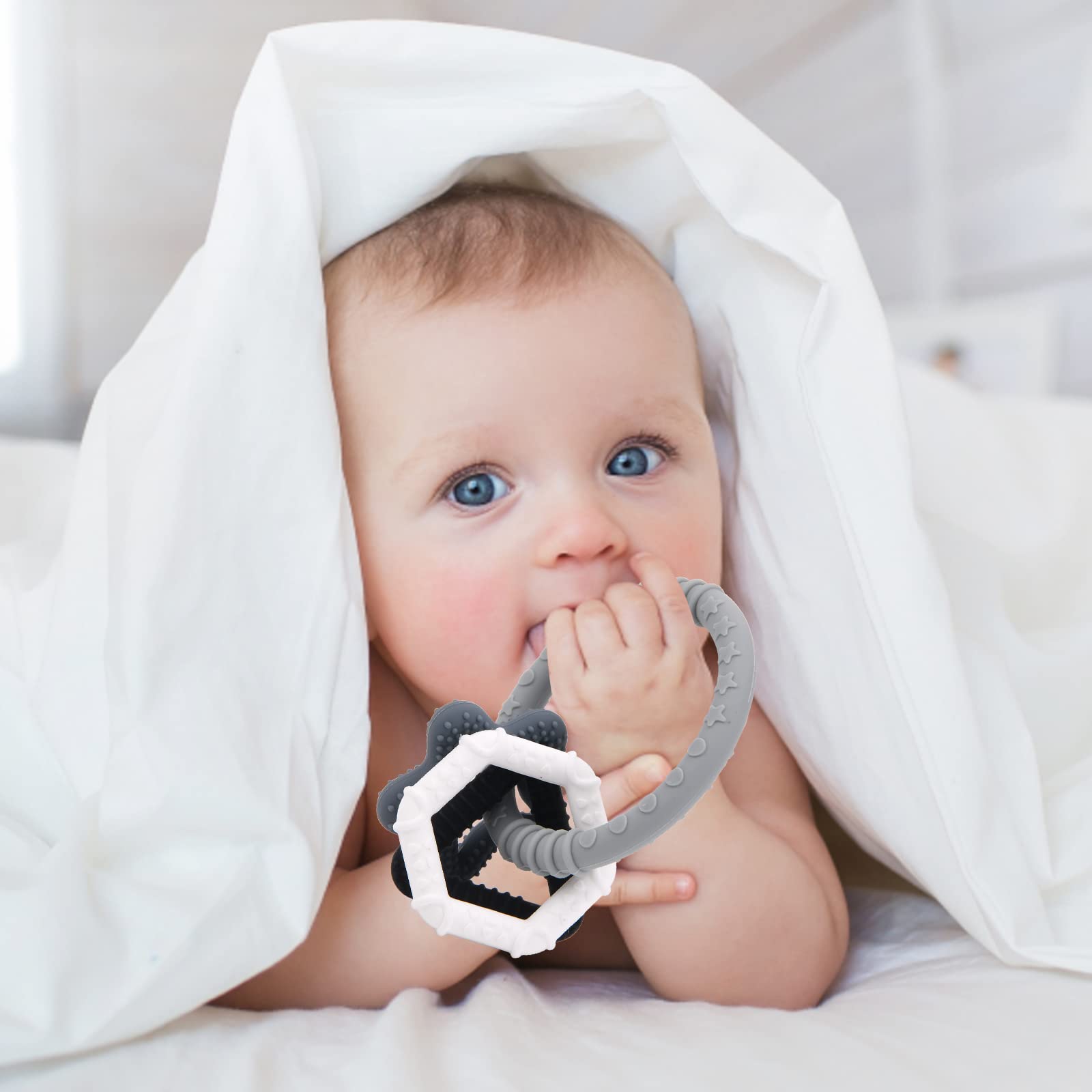 Teething Ring Toys for Babies 6+ Months, Btrfe Baby Soft Silicone Teether with Multiple Raised Textures, Teething Relief, Soothing Gums, Colorful Ring Geometry