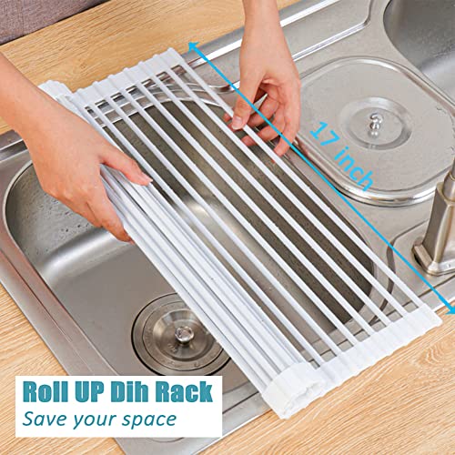 ZOIMINU Dish Drainer, White Roll Up Dish Drying Rack, Over Sink Drying Rack with Silicone-Coated, Heat-Resistant Anti-Slip Dry Rack for Dishes Cups Fruits Vegetables - 17" x 13.1"