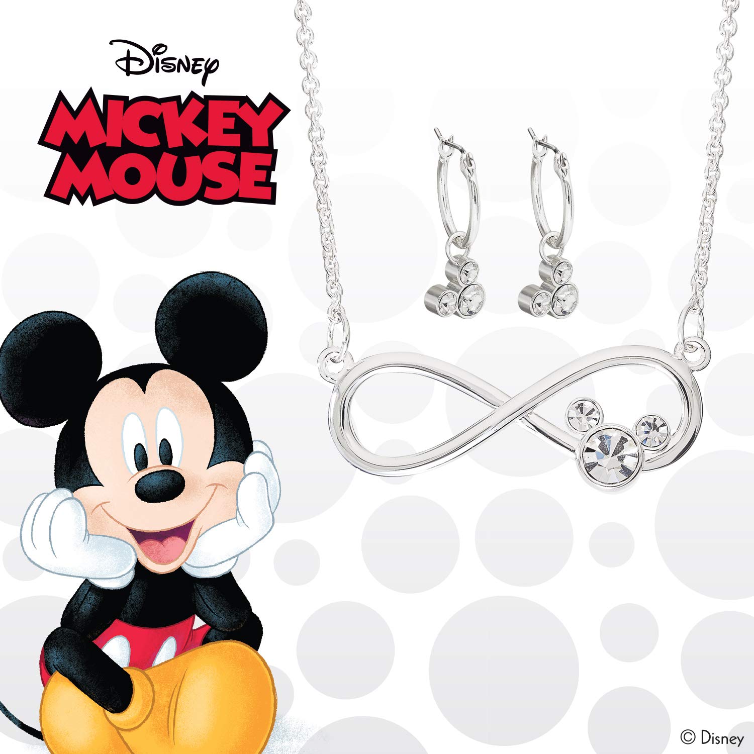 Disney Mickey Mouse Jewelry for Women, Infinity Necklace and Hoop Dangle Earrings Set, Crystal Accents, Silver Plated, 18"