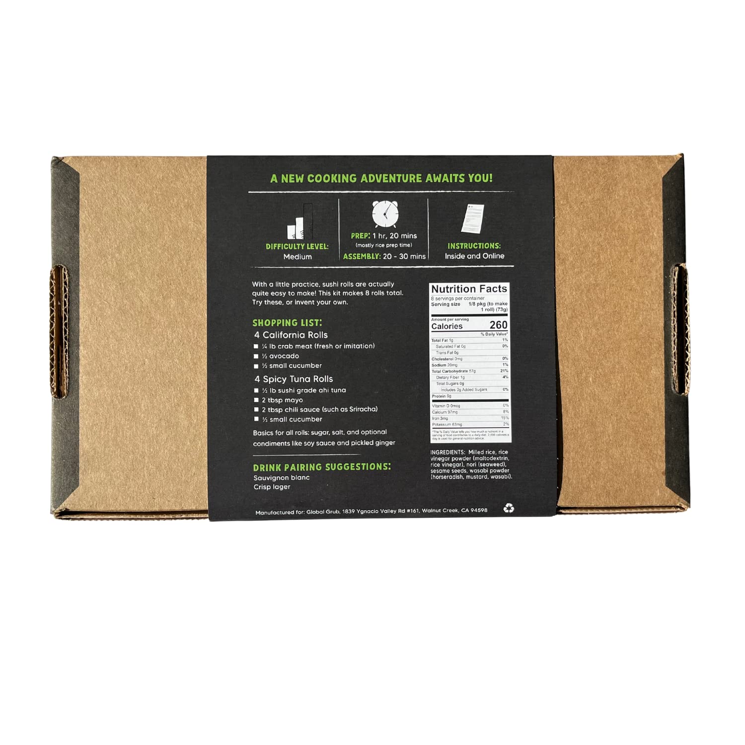 Global Grub DIY Sushi Making Kit - Sushi Kit Includes Sushi Rice, Nori Sushi Seaweed, Rice Vinegar Powder, Sesame Seeds, Wasabi Powder, Bamboo Sushi Rolling Mat, Instructions, Makes 48 Pieces