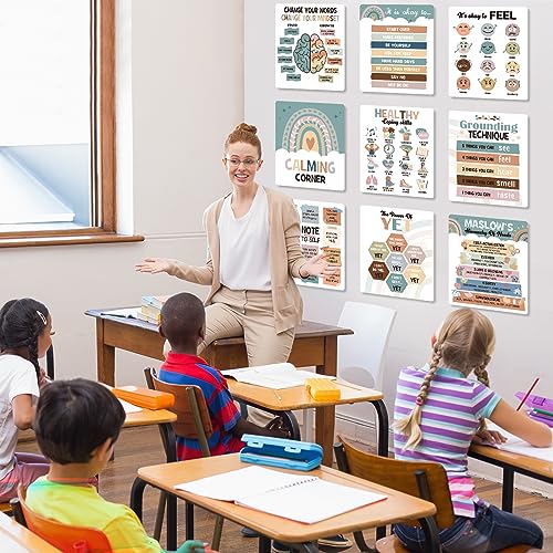 Pasimy 9 Pieces Mental Health Posters Rainbow Therapy Motivational Poster School Counselor Inspirational Posters Boho Positive Psychology Poster for Home School Counseling Office Classroom Decor