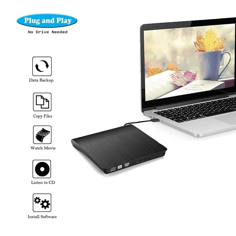 IKURLY External DVD Drive, USB 3.0 Portable CD/DVD +/-RW Drive/DVD Player for Laptop CD ROM Burner Compatible with Laptop Desktop PC Windows Linux OS Apple Mac Black
