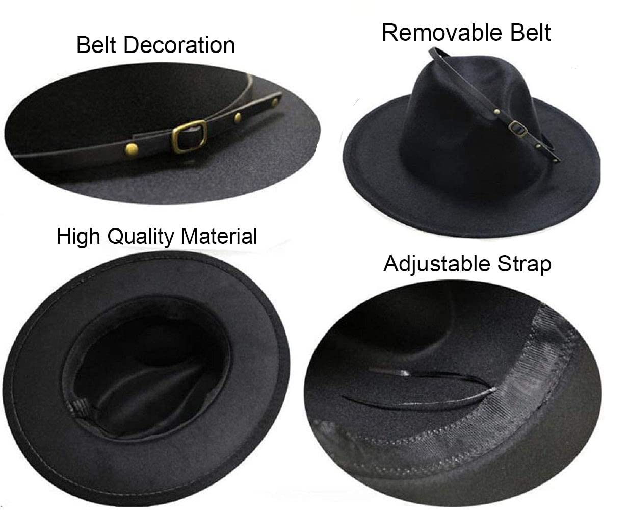 Eohak Womens Belt-Buckle-Panama-Hat Wool Womens Wide Brim Fedora Hat (S-M) Black