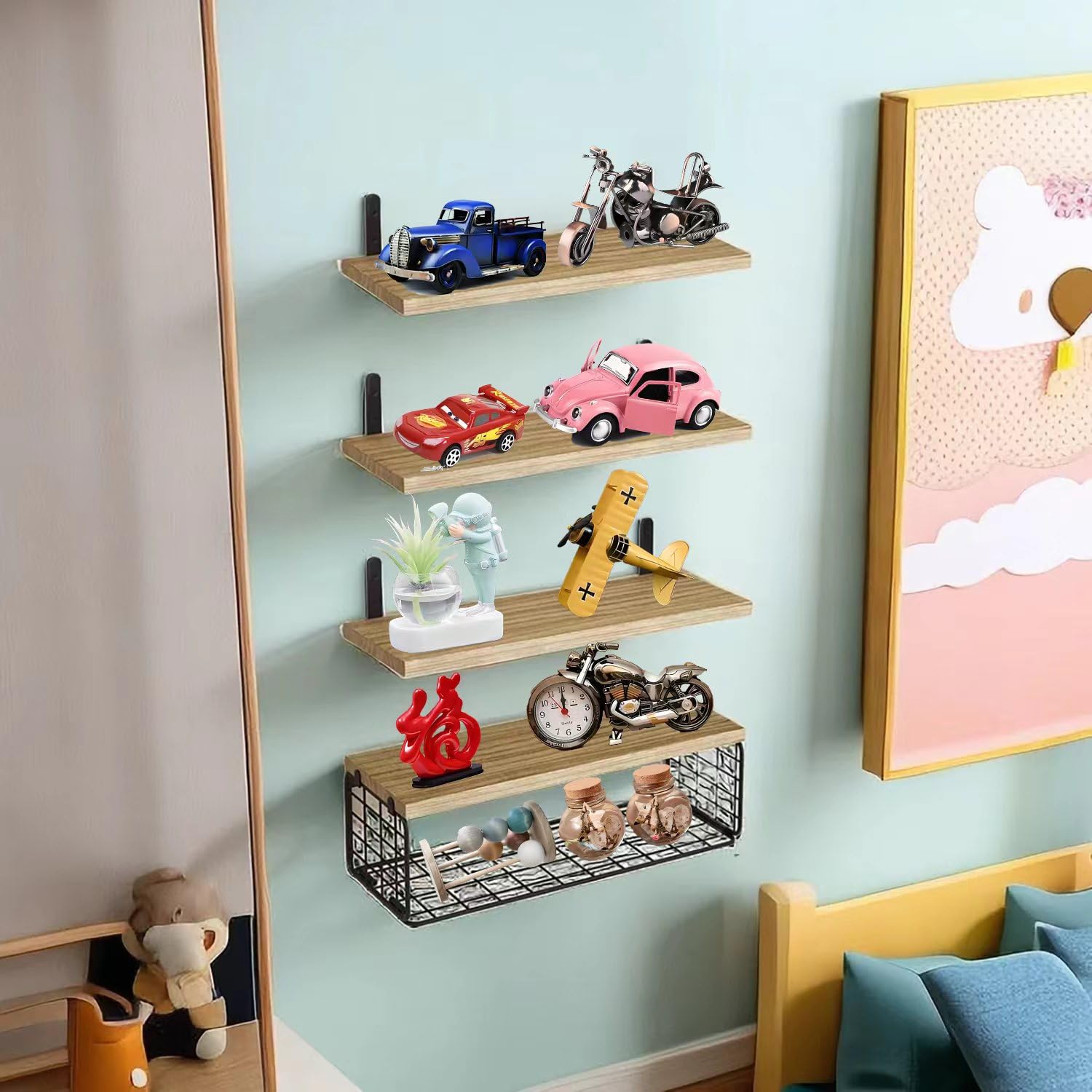 RUIJUXIN 4+1 Tier Floating Shelves, Floating Bathroom Shelf Wall Mounted with Wire Basket, Bathroom Shelfves Over Toilet, Farmhouse Wall Decor Plants