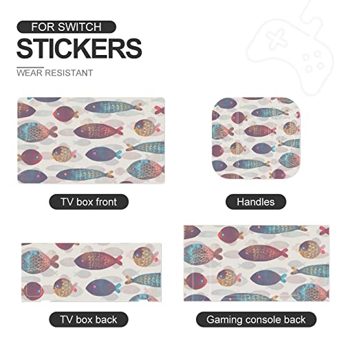Funny Colorful Watercolor Fish Art Cute Skin Decal Stickers Compatible with Switch Protective Faceplate Full Set Console