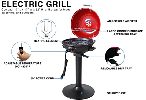 Homewell Electric BBQ Grill for Indoor & Outdoor Grilling with Warming Rack - Portable Patio Grill 1600 Watts (Red)