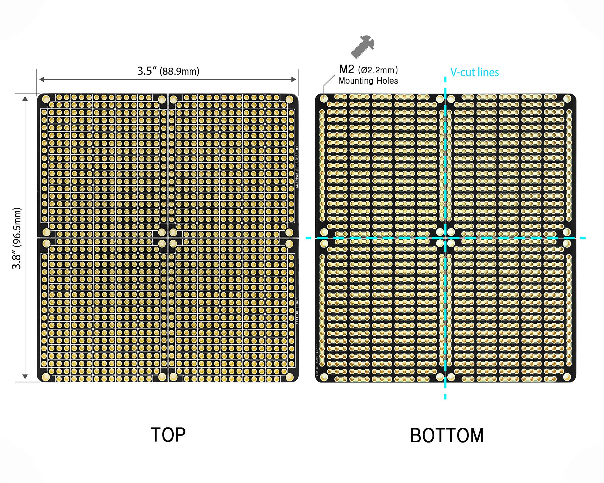 ElectroCookie PCB Prototype Board, Snappable Strip Board with Power Rails for Electronics Projects Compatible for DIY Arduino Soldering Projects, Gold-Plated, 3.8"x3.5" (2 Pack, Matte Black)