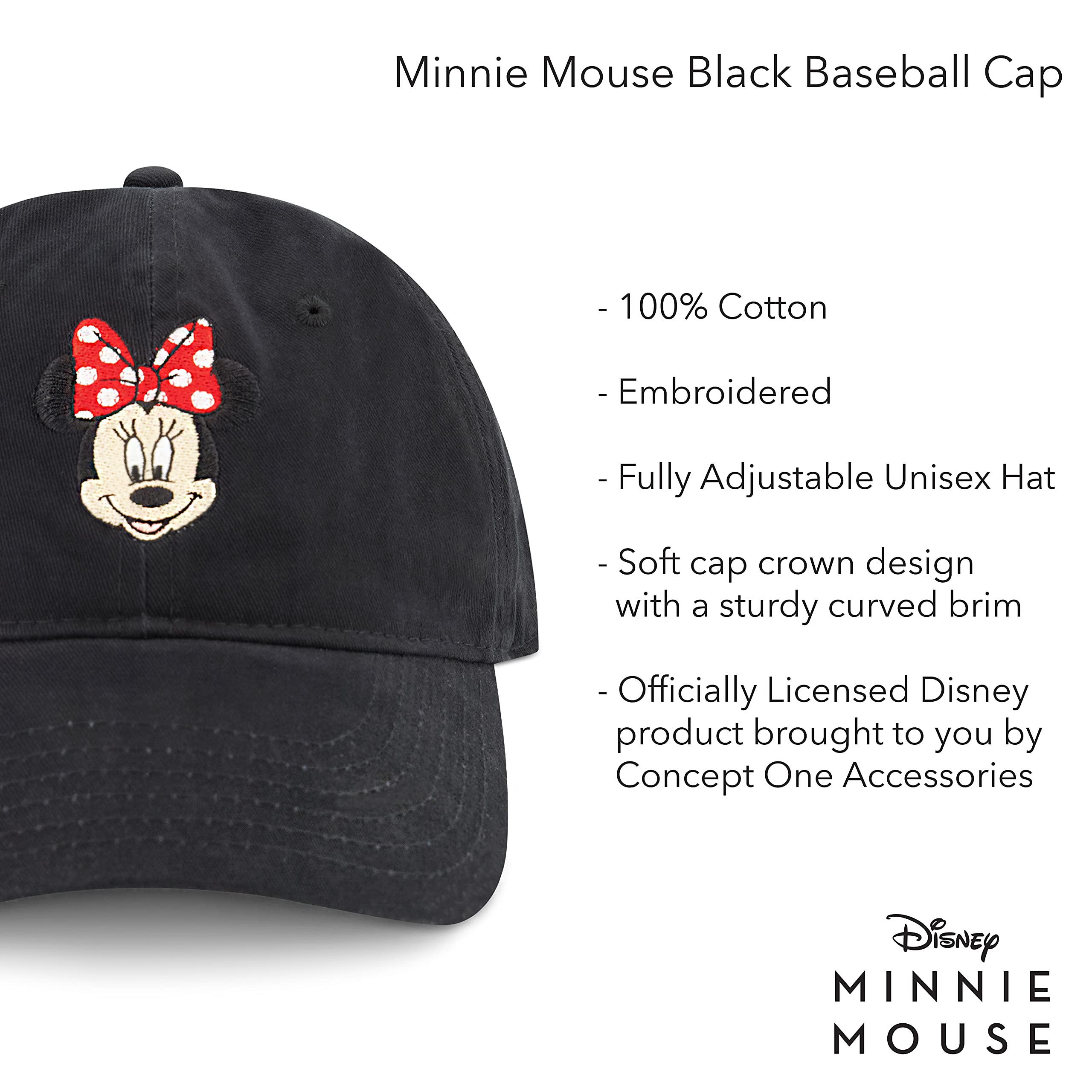 Disney Minnie Mouse Dad Hat, Cotton Adjustable Baseball Cap with Curved Brim, Black, One Size