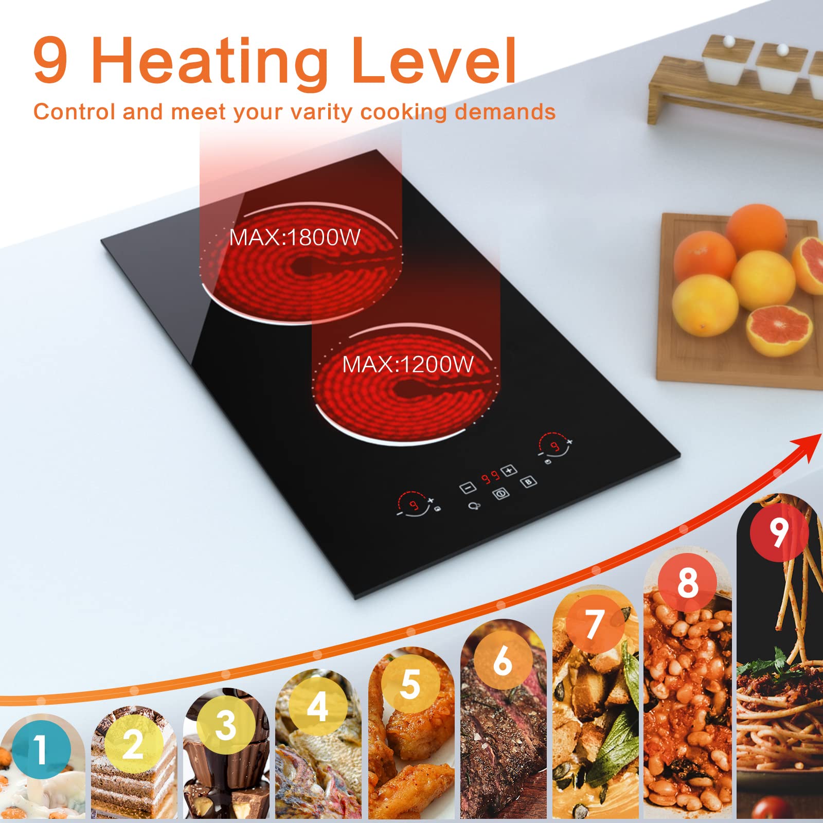 Davivy 2 Burner Electric Cooktop,12 Inch Electric Stove Top,3000W Drop In Electric Cooktop - 9 Heating Level,Timer&Child Safety Lock,Over Temperature Protection,Sensor Touch Control,220V~240V,No Plug