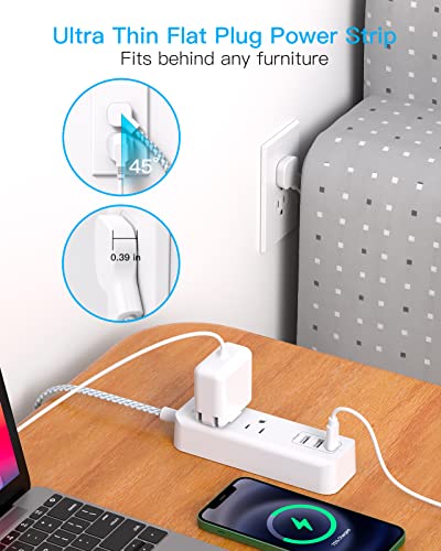 Cruise Essentials, USB C Travel Power Strip, Flat Plug Power Strip with 2 Outlets 3 USB Ports (1 USB C), 5ft Extension Cord Charging Station, Non Surge Protector for Cruise Ship, Travel, Home